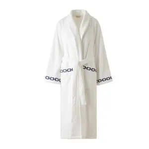 KM HOME COLLECTION White / Blue Navy Chain Embroidery Bathrobe - White/blue