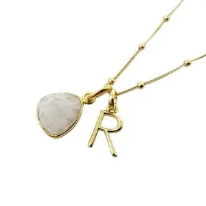 HARFI Gold / White Gold Vermeil Plated Moonstone Initial Charm Necklace - Gold/white