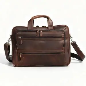 TOURI Genuine Leather Briefcase With Multiple Pockets Dark - Brown