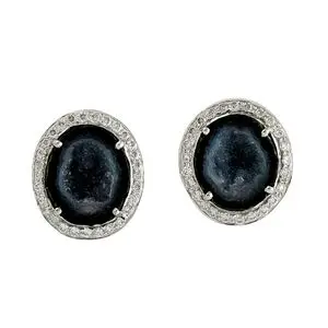 ARTISAN White / Black Geode & Diamond Halo Stud Earrings In 18k White Gold - White/black