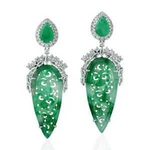 ARTISAN Carved Jade, Emerald, Sapphire & Diamond Drop Earrings In 18k White Gold - Green