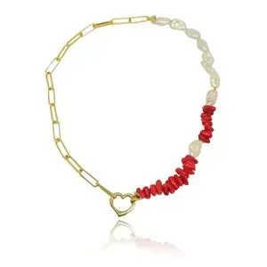 LINYA JEWELLERY Love Chain Coral Pearl Necklace - Gold
