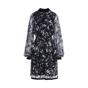 CONCEPT A TROIS Black / Blue / White Lace Dress With Velvet Lace Details At The Collar And Cuffs - Black/blue/white