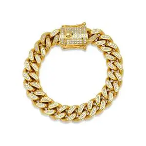 STEELTIME Stainless Steel 18k Plated 10mm Miami Cuban Link Cz Iced Out Bracelet With Box Clasp 9 Inch - Gold