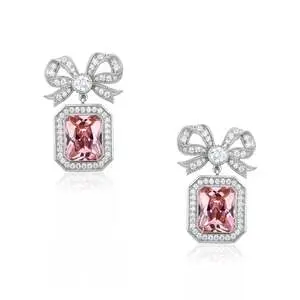 SANTINNI Orange / Silver Empress Bow & Pink Radian Cut Crystal Silver Earrings - Orange/silver