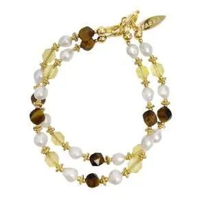 FARRA Citrine And Tiger-eye With Freshwater Pearls Double Layers Bracelet - Brown
