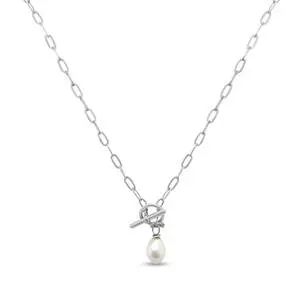 CLEMENCE WREN T-bar Paperclip Freshwater Pearl Necklace - Silver