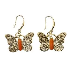 FARRA Gold Butterfly Red Agate Stone Dangle Earrings - Orange