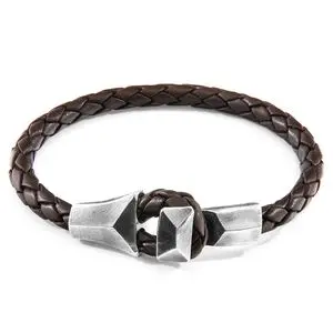 ANCHOR & CREW Cacao Alderney Silver & Braided Leather Bracelet - Brown
