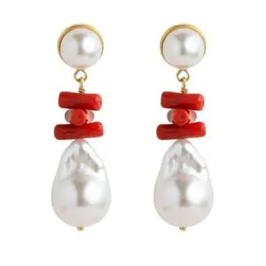 LINYA JEWELLERY Red Coral Baroque Pearl Earrings - Gold