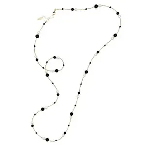 FARRA Black Obsidian With Freshwater Pearls Long Necklace - White/black