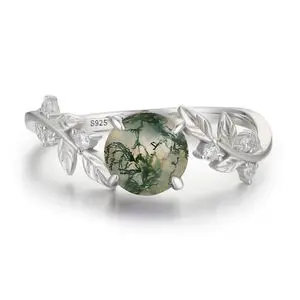 AZURA JEWELRY NEW YORK Between The Leaf Round Moss Agate Ring White Gold Vermeil - Silver