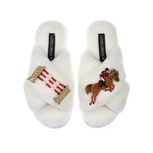 LAINES LONDON Embellished Faux Fur Cross Strap Slippers - White