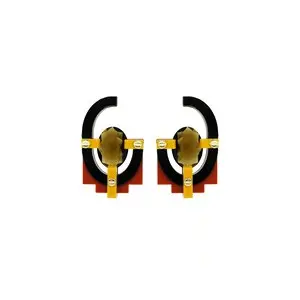 GISSA BICALHO Handmade Acrylic Earring With Oval Cut Stone Mustard - Black/brown