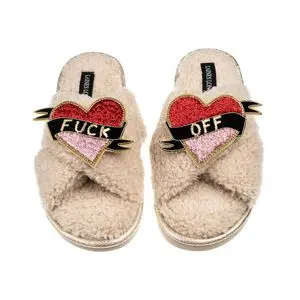 LAINES LONDON Boucle Slippers With Embellished Brooches - Brown
