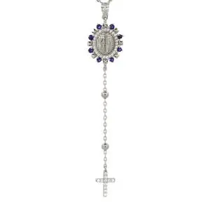 EBRU JEWELRY Blue / Silver Sapphire & Diamond Virgin Marry & Cross Pendant Sterling Silver Chain Necklace Silver - Blue/silver