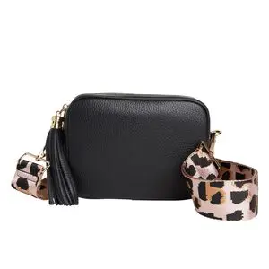 BETSY & FLOSS Verona Crossbody Tassel Bag With Light Leopard Strap - Black