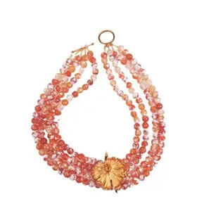 Way To Chic Brown / Gold Agate Necklace With Delicate Antique Pendant Brooch - Brown/gold