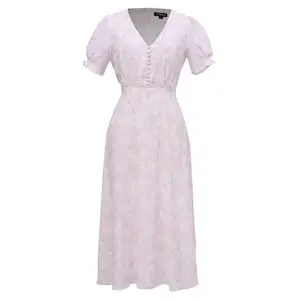 SMART AND JOY Printed V-neck Midi Dress With Puff Sleeves - Pink