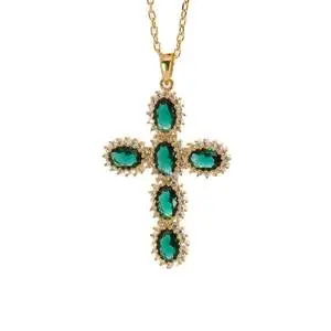EBRU JEWELRY Gold / Green Passion Diamond & Green Jade Stone Cross Pendant Necklace Green - Gold/green