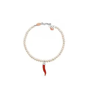 UNALOE Silver / White / Red Sterling Silver Baroque Pearl Cornicello Charm Bracelet – Adjustable Elegant Jewelry - Silver/white/red