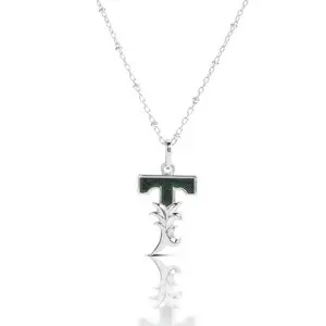 KASUN LONDON Solid T Initial Necklace With Green Marble - Silver