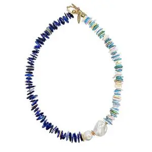FARRA Kyanite And Colorful Shell With Baroque Pearl Necklace - Blue