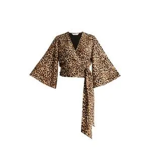 PAISIE Kimono Wrap Blouse In Leopard Print - Brown