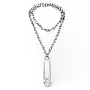 JAGGED HALO JEWELRY Safety Pin Pendant Long Chain Necklace - Silver