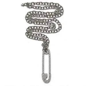 JAGGED HALO JEWELRY Crystal Safety Pin Pendant Long Chain Necklace - Silver