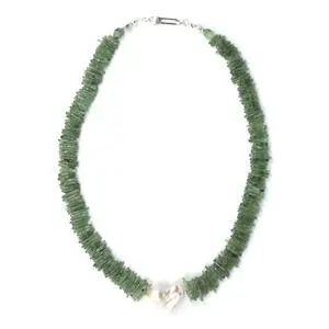Shar Oke Green / Silver / White Green Kyanite & Freshwater Pearl Necklace - Green/silver/white
