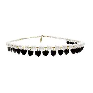 FARRA Freshwater Pearls With Heart Shaped Obsidian Charm Choker Necklace - Black