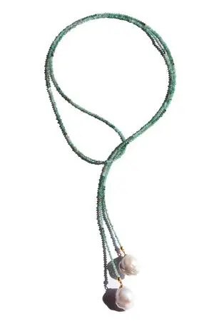 THE LINK BETWEEN Gold / Green Aurora Baroque Drop Emerald Open Ended Necklace Lariat - Gold/green