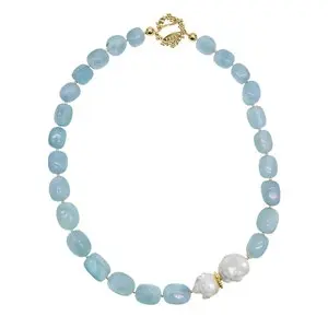 FARRA Nugget Aquamarine With Natural Baroque Pearls Necklace