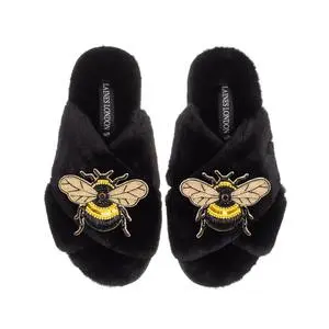 LAINES LONDON Classic Faux Fur Cross Strap Slippers With Double Honey Bee Brooch Embellishment - Black