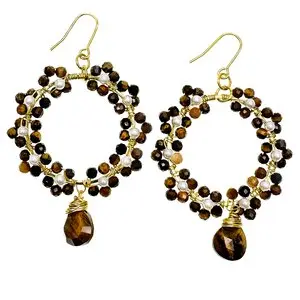 FARRA Tiger Eye With Freshwater Pearls Hand Crafted Flower Ring Earrings - Brown