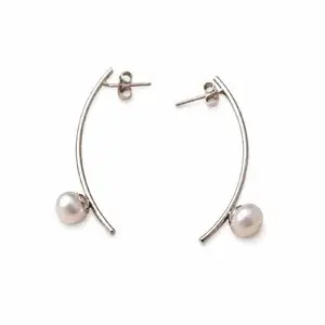 SILVER MOON Silver / White Curved Pearl Sterling Silver Earrings - Silver/white