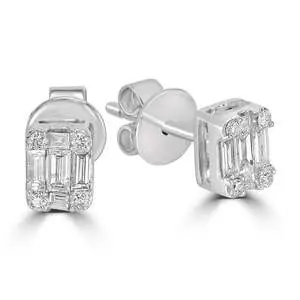 ARTISAN Baguette & Round Diamond Cluster Stud Earrings In 18k Gold - White