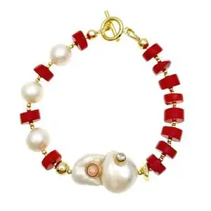 FARRA Corals With Studded Baroque & Freshwater Pearls Bracelet - Red