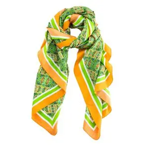 EVELYN & KATE Green / Orange Elegant All Silk Scarf, Autumn Rose Pattern - Green/orange