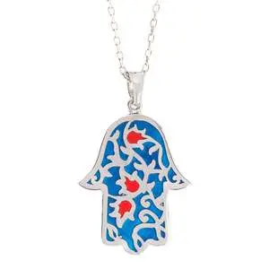 EBRU JEWELRY Blue / Red / Silver Sterling Silver Blue & Red Enamel Hamsa Hand Necklace Blue - Blue/red/silver