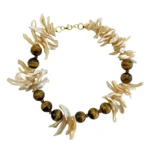 LINYA JEWELLERY Mother Of Pearl Tiger Eye Natural Stone Necklace - Gold