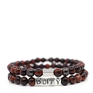 Shar Oke Brown / Silver Red Tiger's Eye & Duty Word Beaded Bracelet Set - Brown/silver