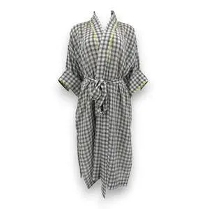 MONZLAPUR NEW YORK Grey / White Plaid Kimono Wrap Dress With Neon Piping - Grey/white