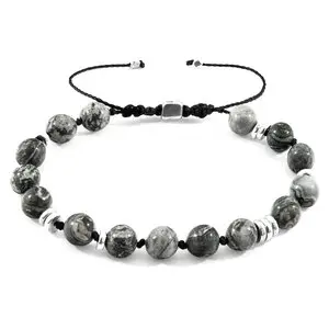 ANCHOR & CREW Jasper Agaya Silver & Stone Beaded Macrame Bracelet - Grey