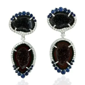 ARTISAN Geode Slice, Blue Sapphire & Diamond Drop Earrings In 18k Gold - White