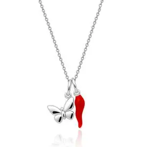 UNALOE Silver / Red Protection & Rebirth Necklace – Sterling Silver Butterfly And Red Horn Charm - Silver/red