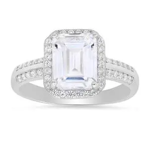 KYLIE HARPER Emerald-cut Diamond Cz Halo Ring In Sterling - Silver