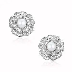 SANTINNI Tsarina Flower & Freshwater Pearl Earrings - Silver