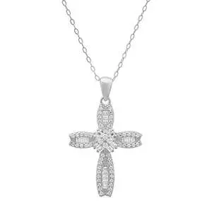 KYLIE HARPER Petite Luxurious Baguette-cut Diamond Cz Cross Pendant Necklace In Sterling - Silver